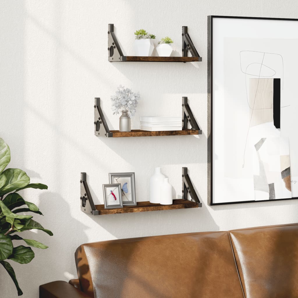 3 Piece Wall Shelf Set Smoked Oak Engineered Wood – Croft Home & Garden