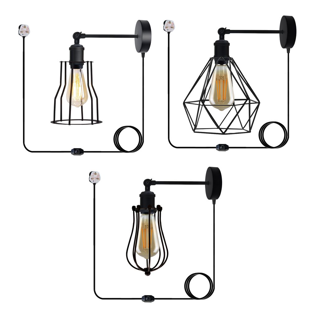 Modern Industrial Black Loft Metal Plug in wall Lamp Shade Wire Cage 4m ...